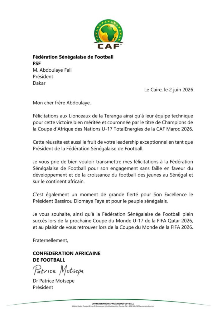 Félicitations de Motsepe aux Lionceaux U17 du Sénégal
